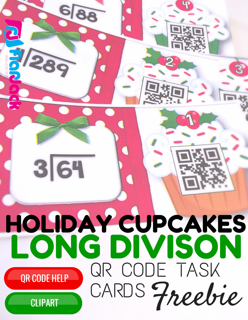 Holiday Cupcakes Long Division QR Code Task Card Freebie - FlapJack
